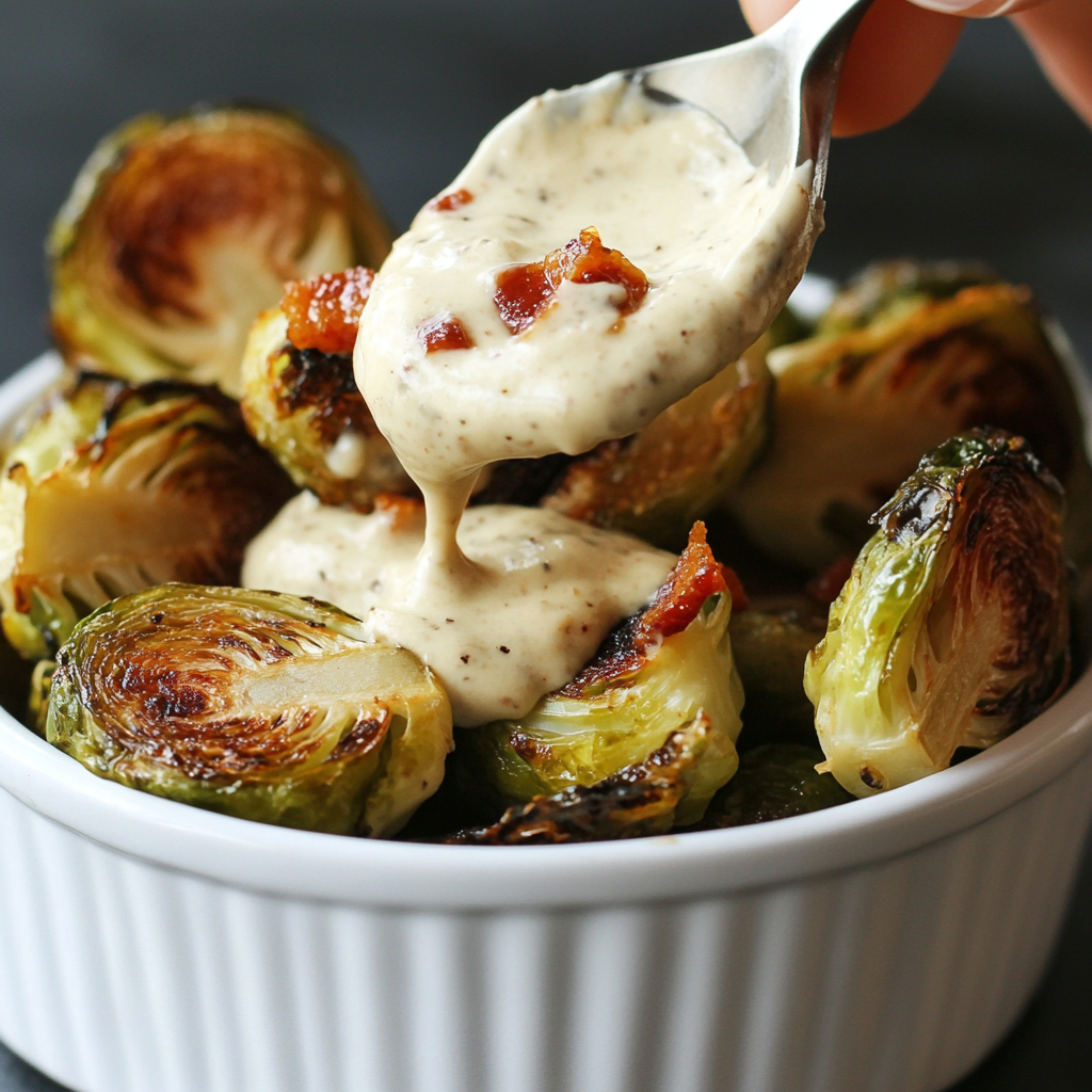Roasted Brussels Sprouts with Bacon Aioli Drizzle – Gymonset