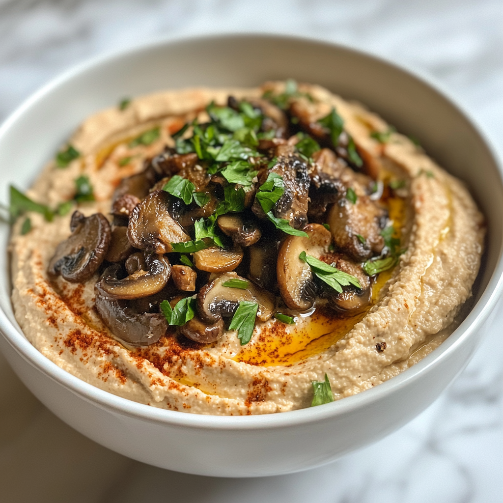 Hummus Tehina with Crispy Mushrooms Recipe - Gymonset