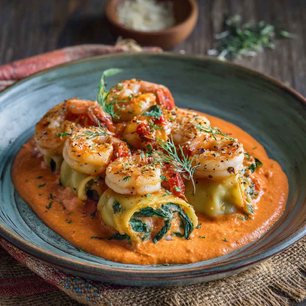 Shrimp and Spinach Stuffed Pasta Rolls with Roasted Red Pepper Cream ...