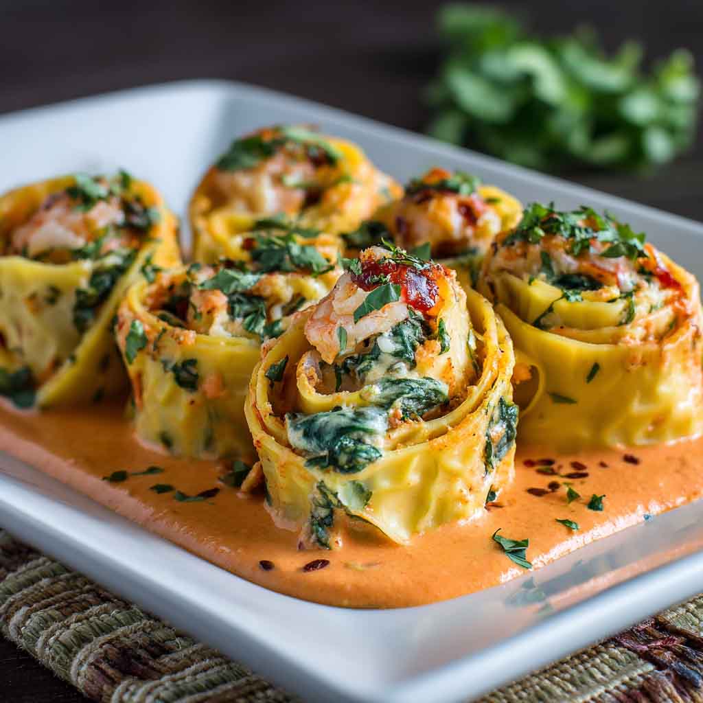 Shrimp & Spinach Stuffed Pasta Rolls – Creamy Roasted Red Pepper Sauce ...
